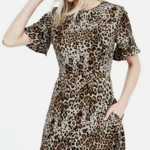 Dresses | Banana Republic Leopard Print Dress With Flutter Sleeve ...